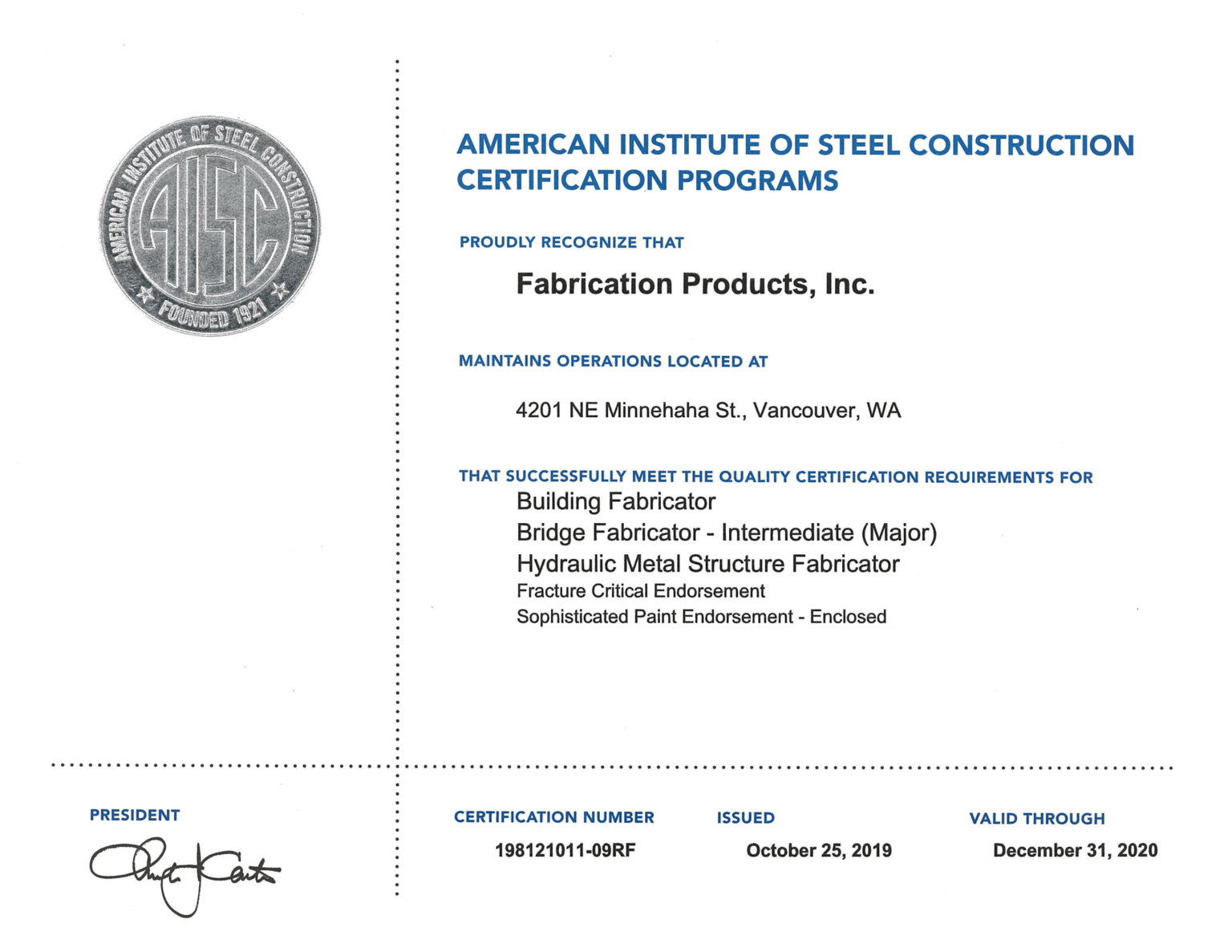 Certifications - Fabrication Products, INC.