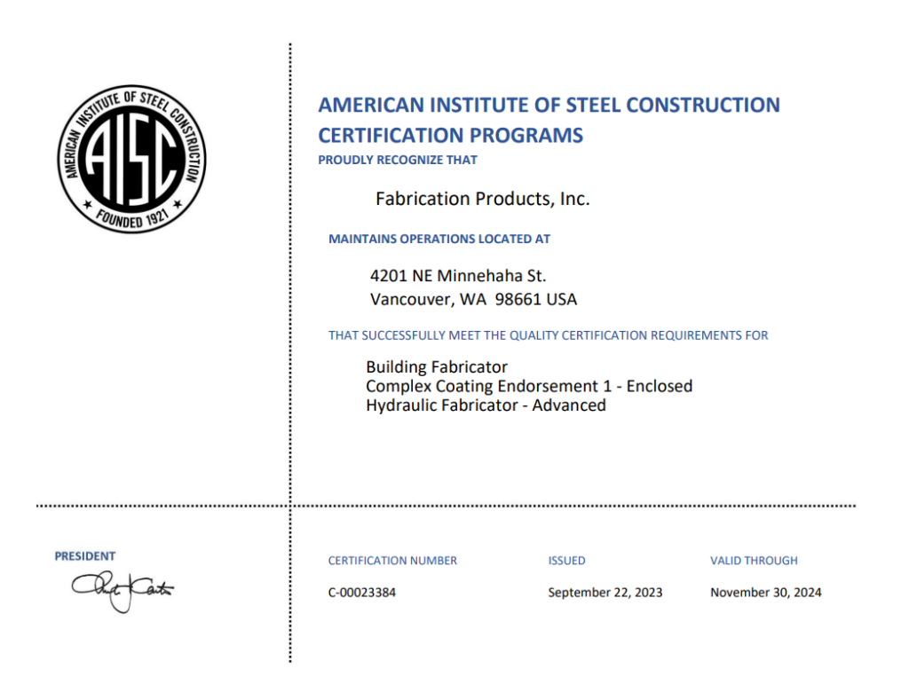 Certifications - Fabrication Products, INC.